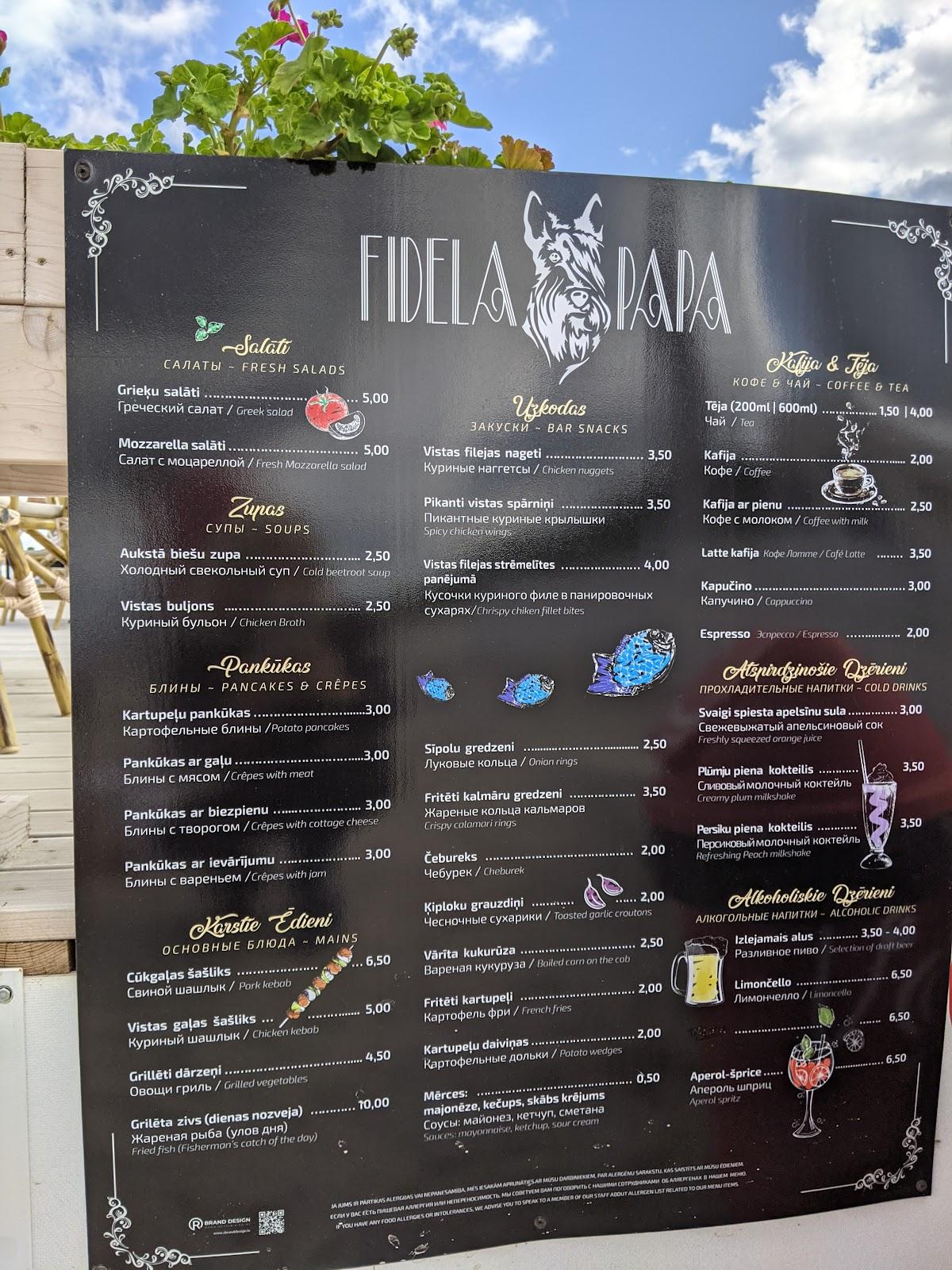 Menu au "Fideļa papa" café, Jūrmala