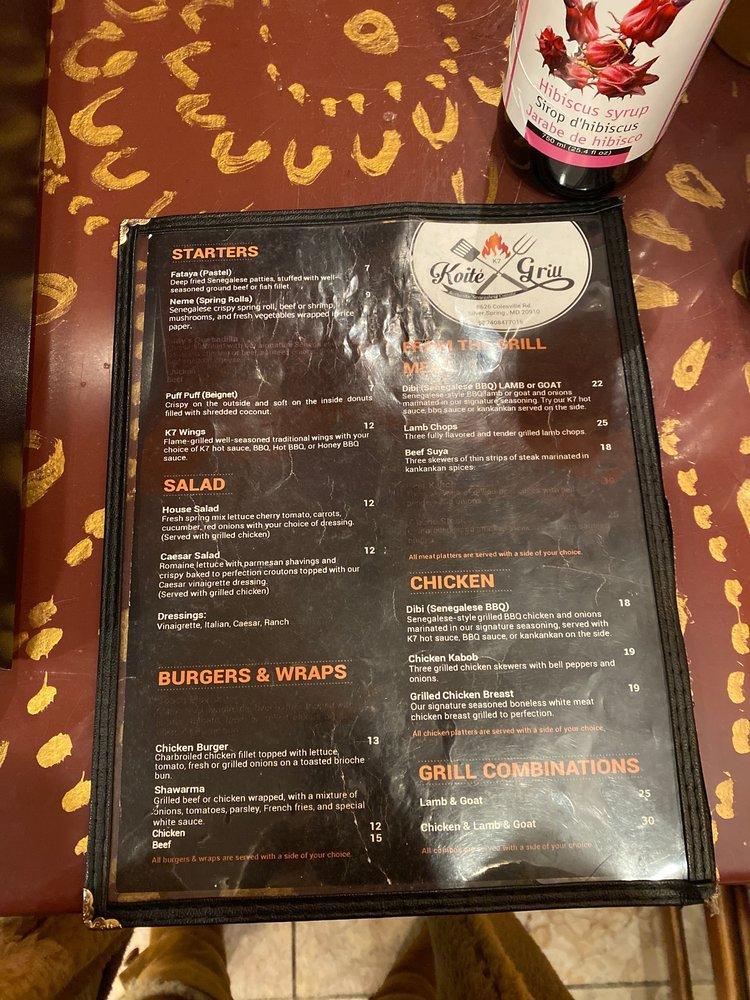 Menu at Koité Grill restaurant, Silver Spring