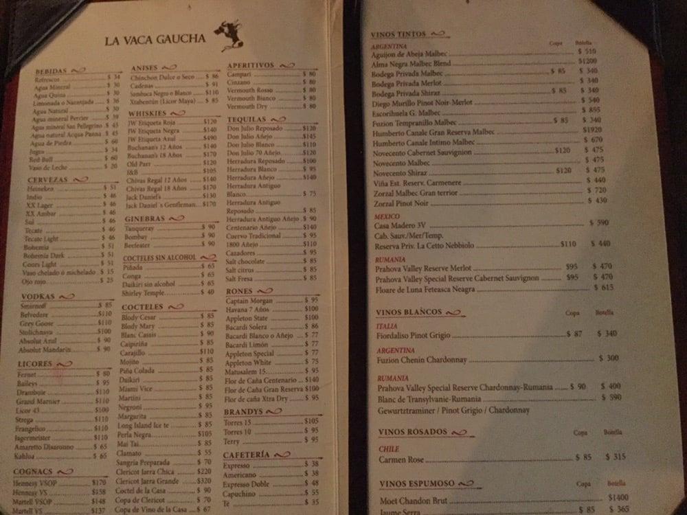 Menu at La Vaca Gaucha pub & bar, Playa del Carmen, 5 Av. Nte. 5