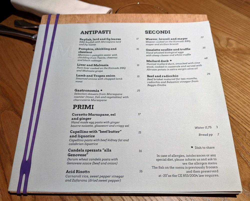 Menu at Marzapane restaurant, Rome