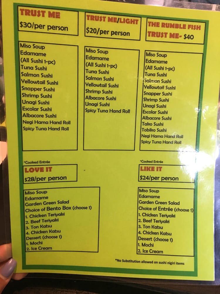 Menu at Rumble Fish Mountain View restaurant, Mountain View