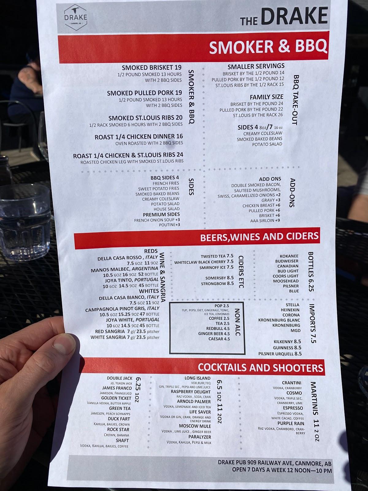 Menu at The Drake Pub, Canmore