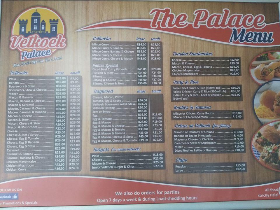 Speisekarte von Vetkoek Palace 'Taste of the Real South African fast ...
