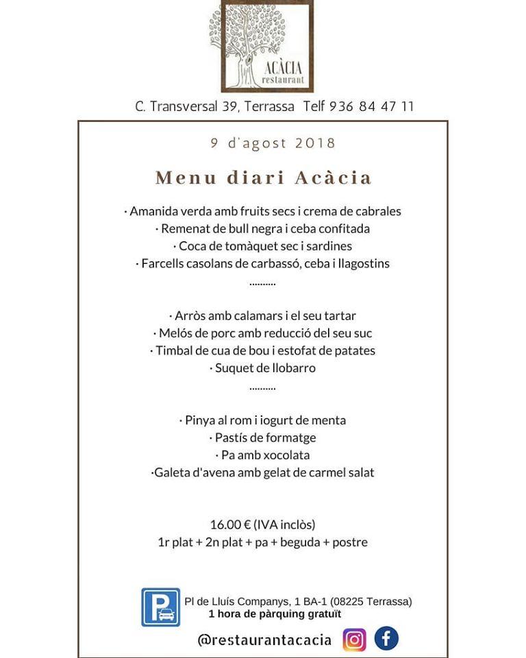 Menu at Acacia restaurant, Terrassa