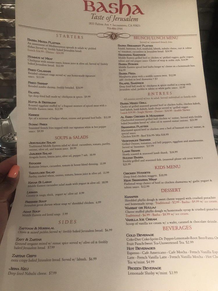 Menu at Basha Taste of Jerusalem restaurant, Sacramento