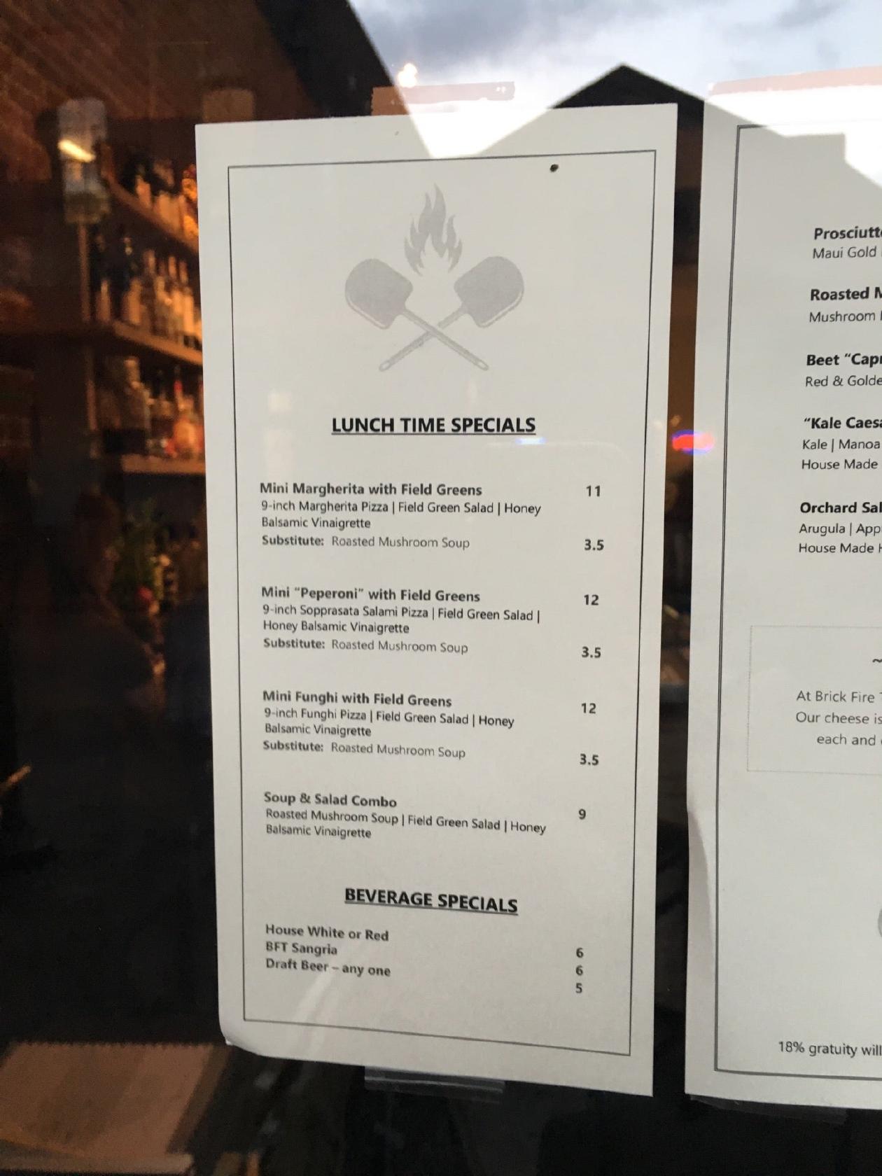 Menu at Brick Fire Tavern pizzeria, Honolulu, 16 N Hotel St