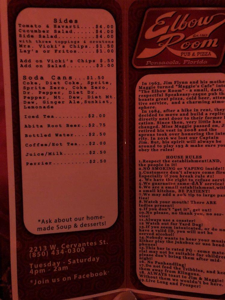 Menu at Elbow Room pub & bar, Pensacola