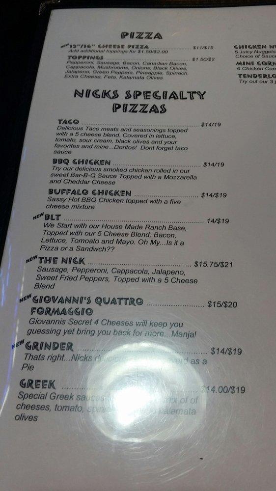Menu at Nick's restaurant, Des Moines