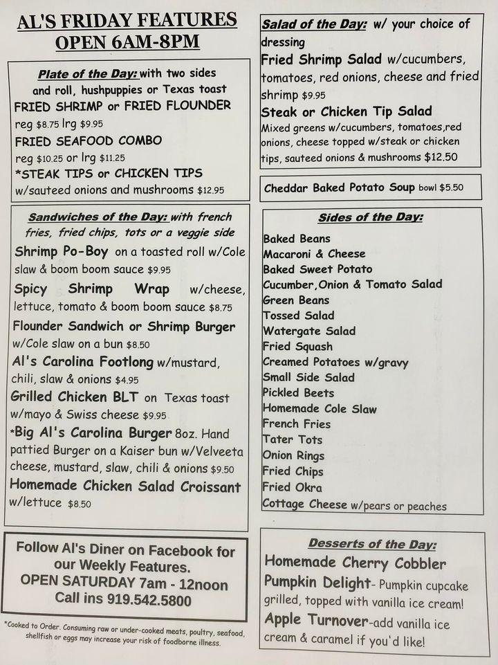 Menu at Al's Diner restaurant, Pittsboro