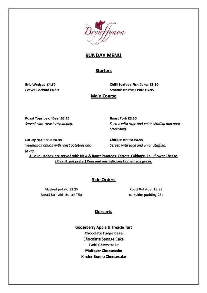 Menu at Brynffynon Hotel pub & bar, Pontypridd