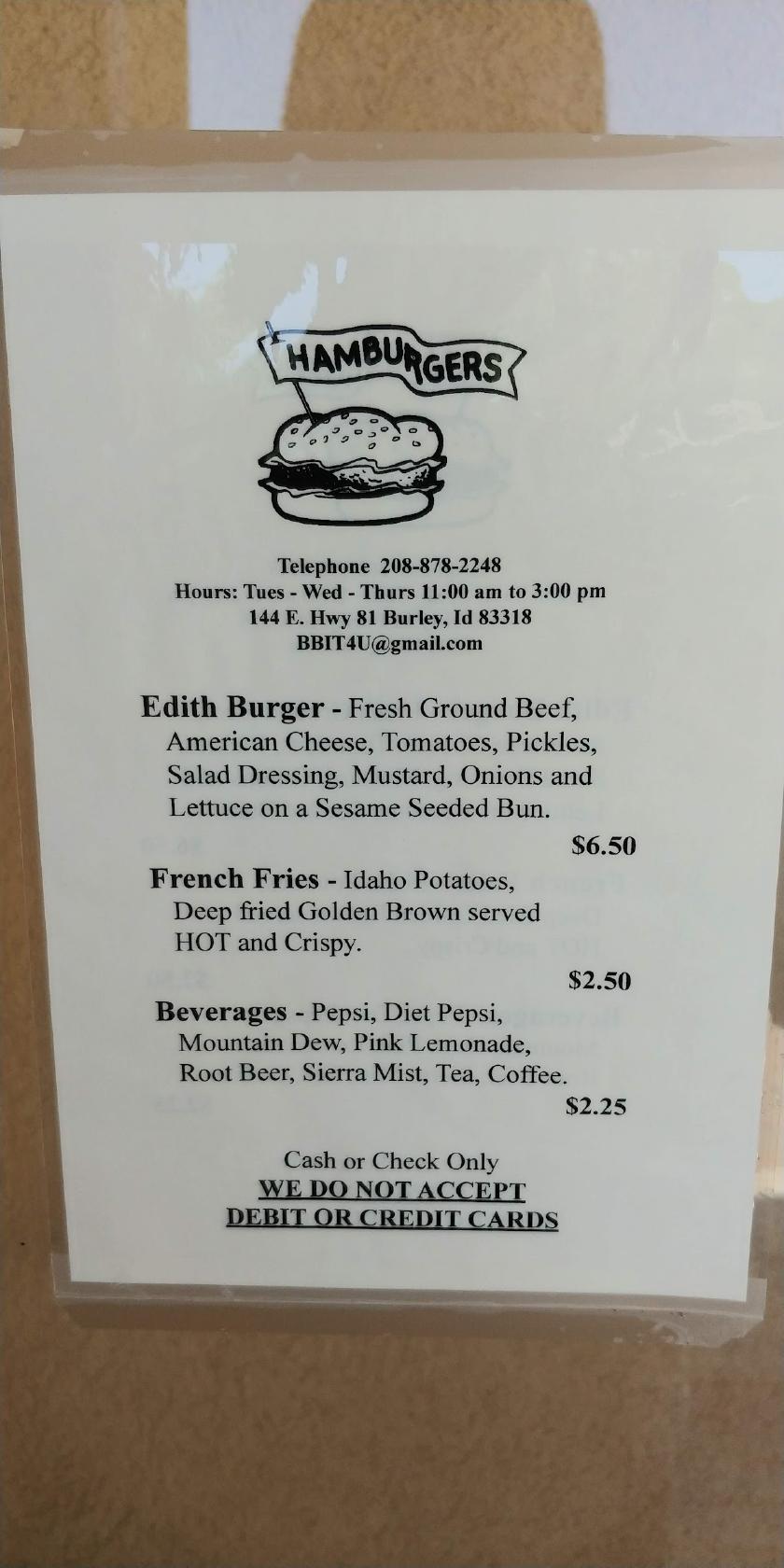 Menu at Ediths Cafe, Burley