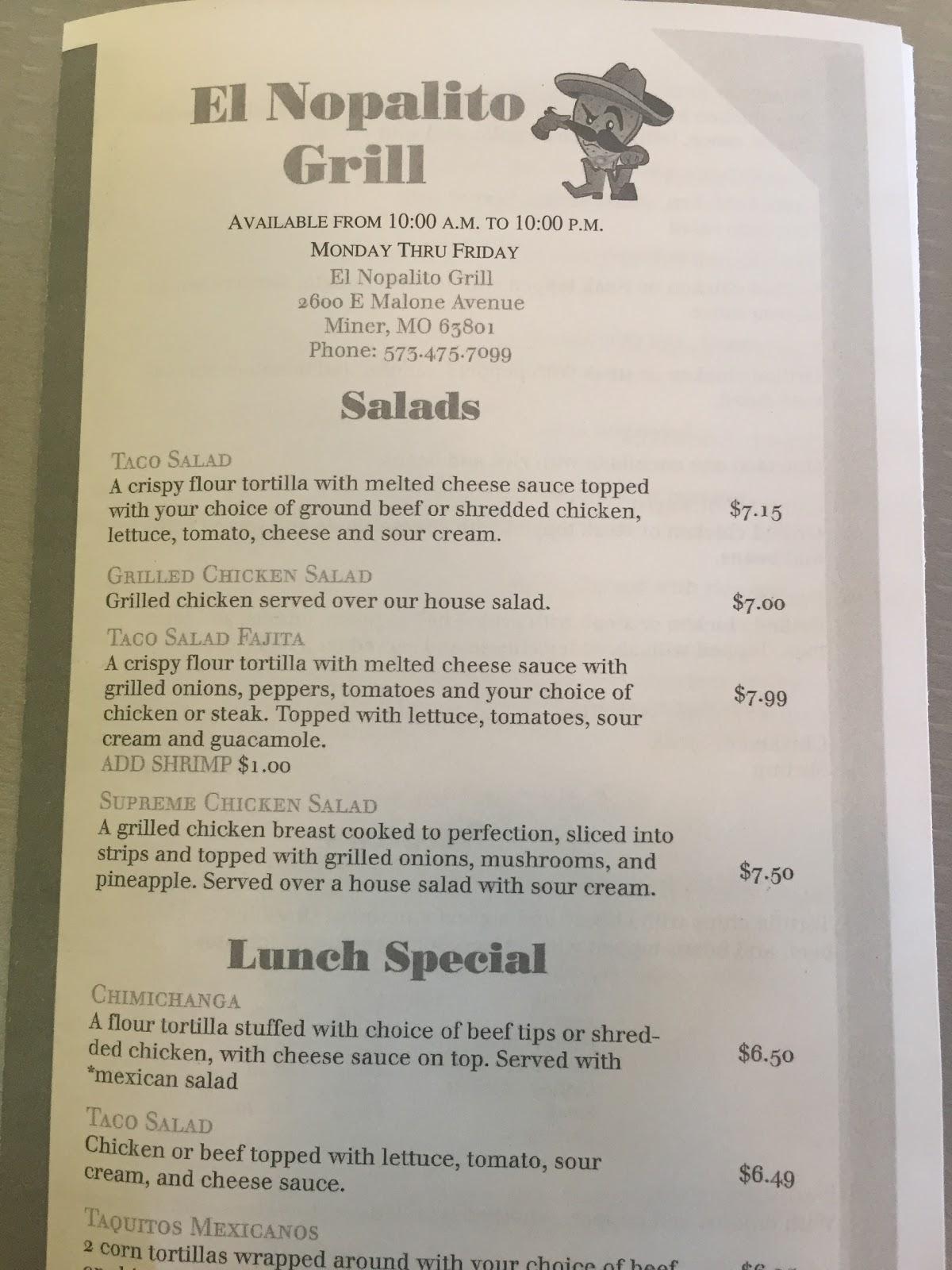Menu at El Nopalito Grill restaurant, Miner