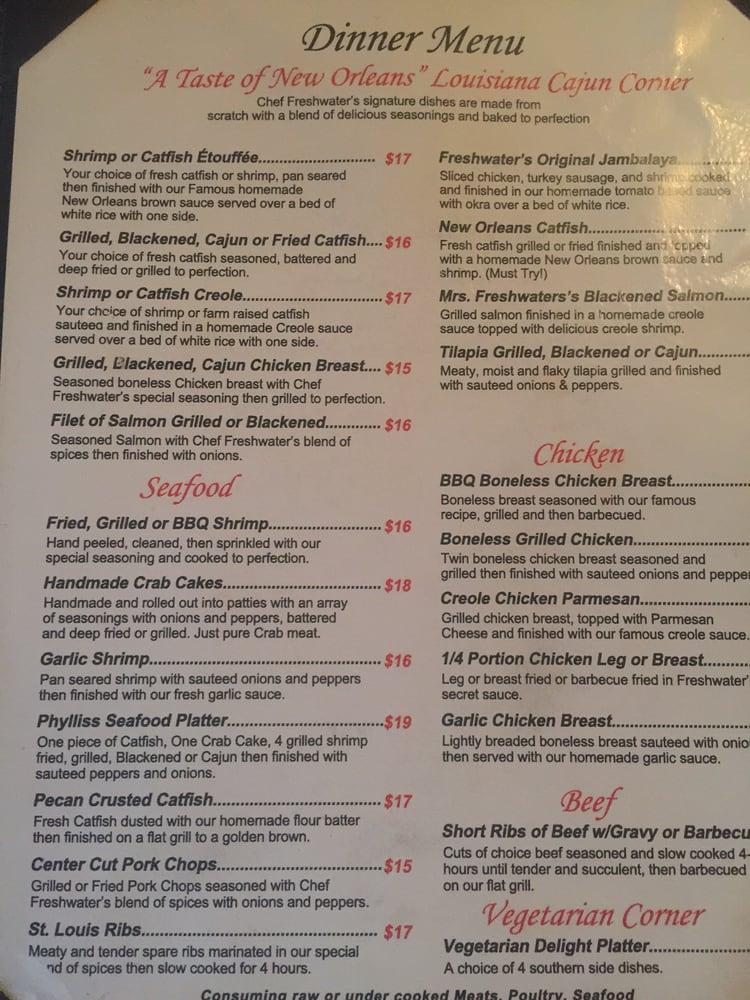 Menu at Freshwaters Southern New Orleans restaurant, Charlotte