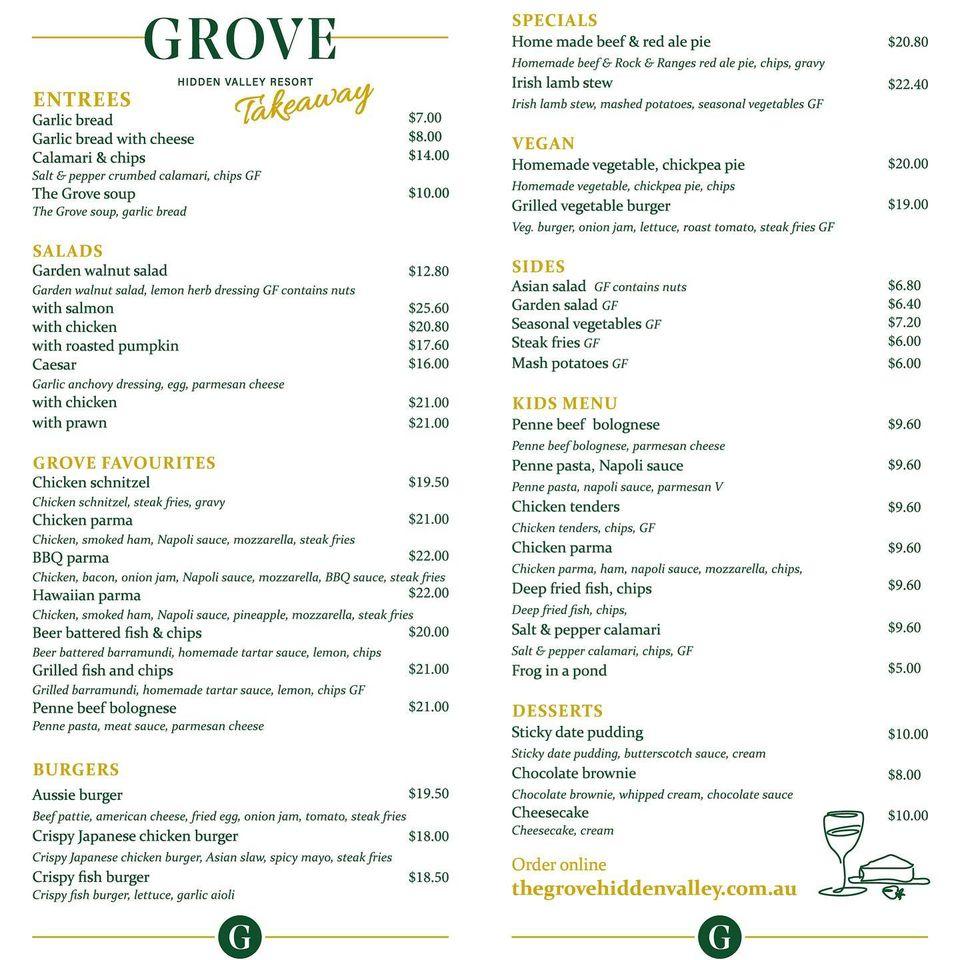 Menu at Hidden Valley Resort Championship Golf Course & Country Club ...