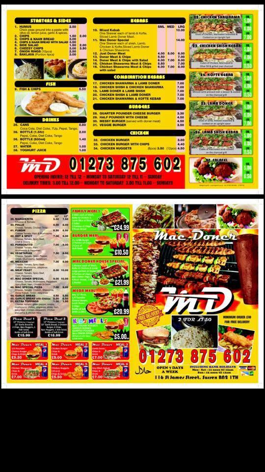 Menu at Mac Doner fast food, Brighton