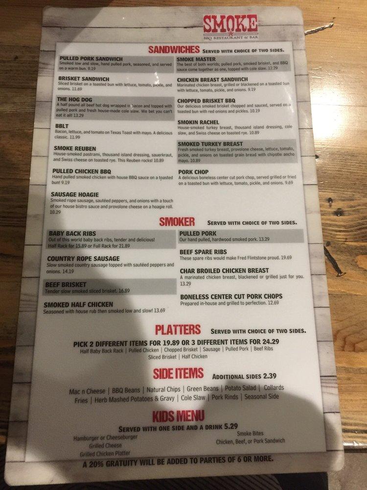 Menu at Smoke pub & bar, Newport News