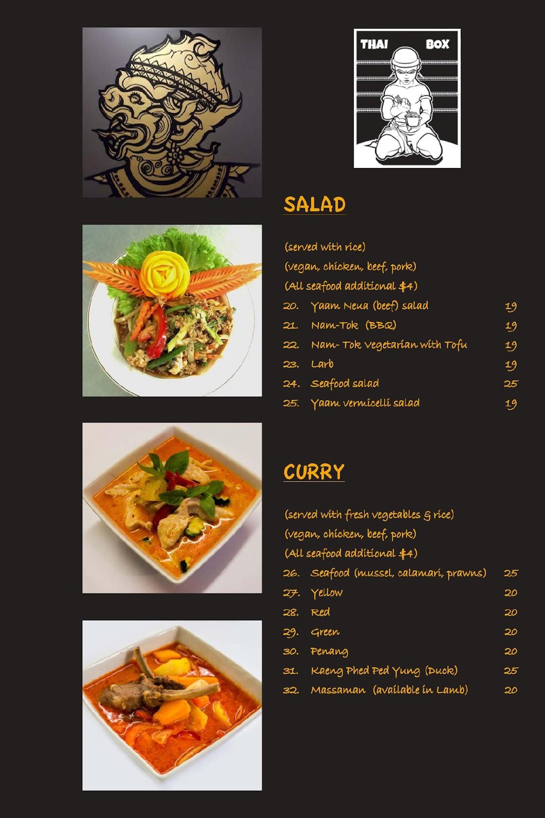 Menu at Thai Box restaurant, Christchurch