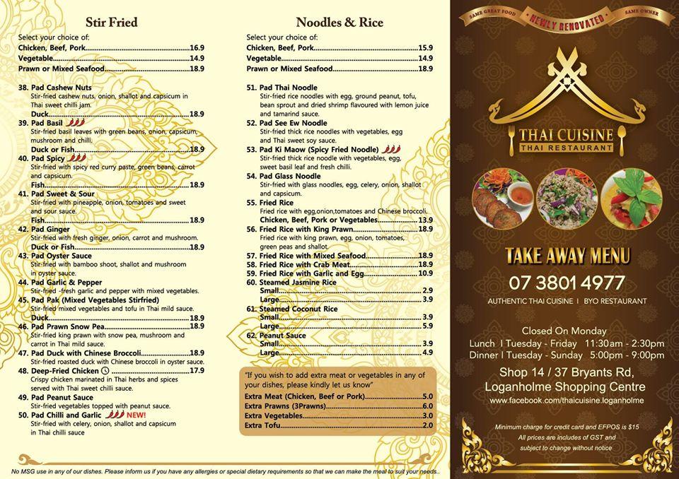 Menu at Thai Cuisine restaurant, Loganholme