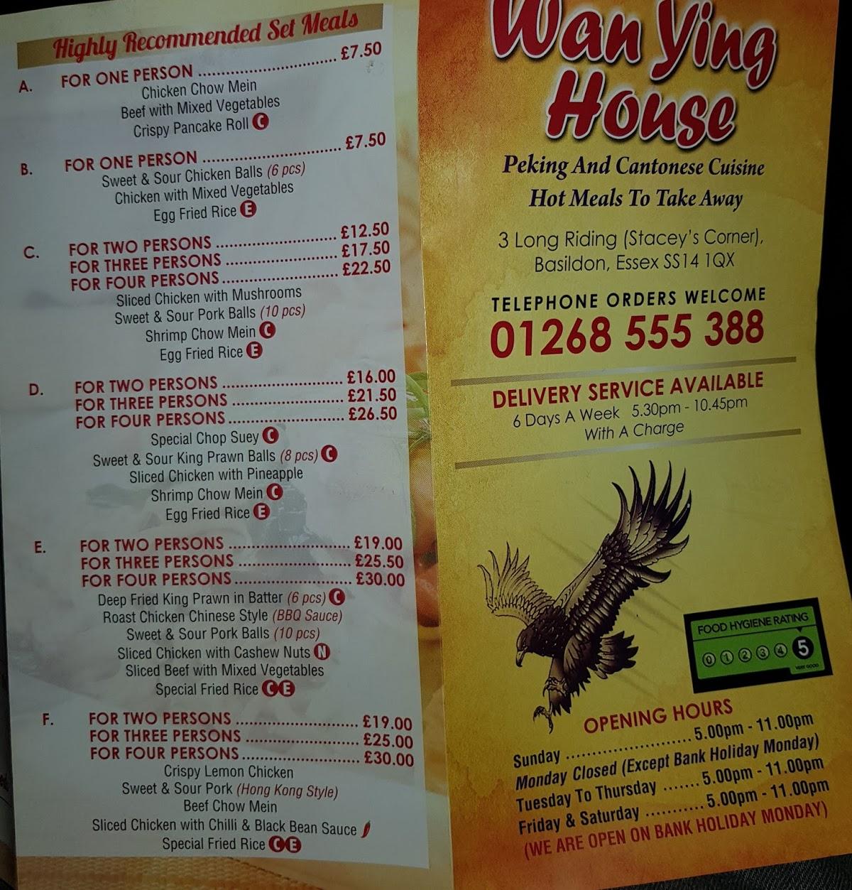 Menu at Wan Ying House fast food, Basildon