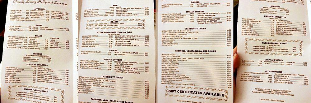 Menu at Musso & Frank Grill pub & bar, Los Angeles