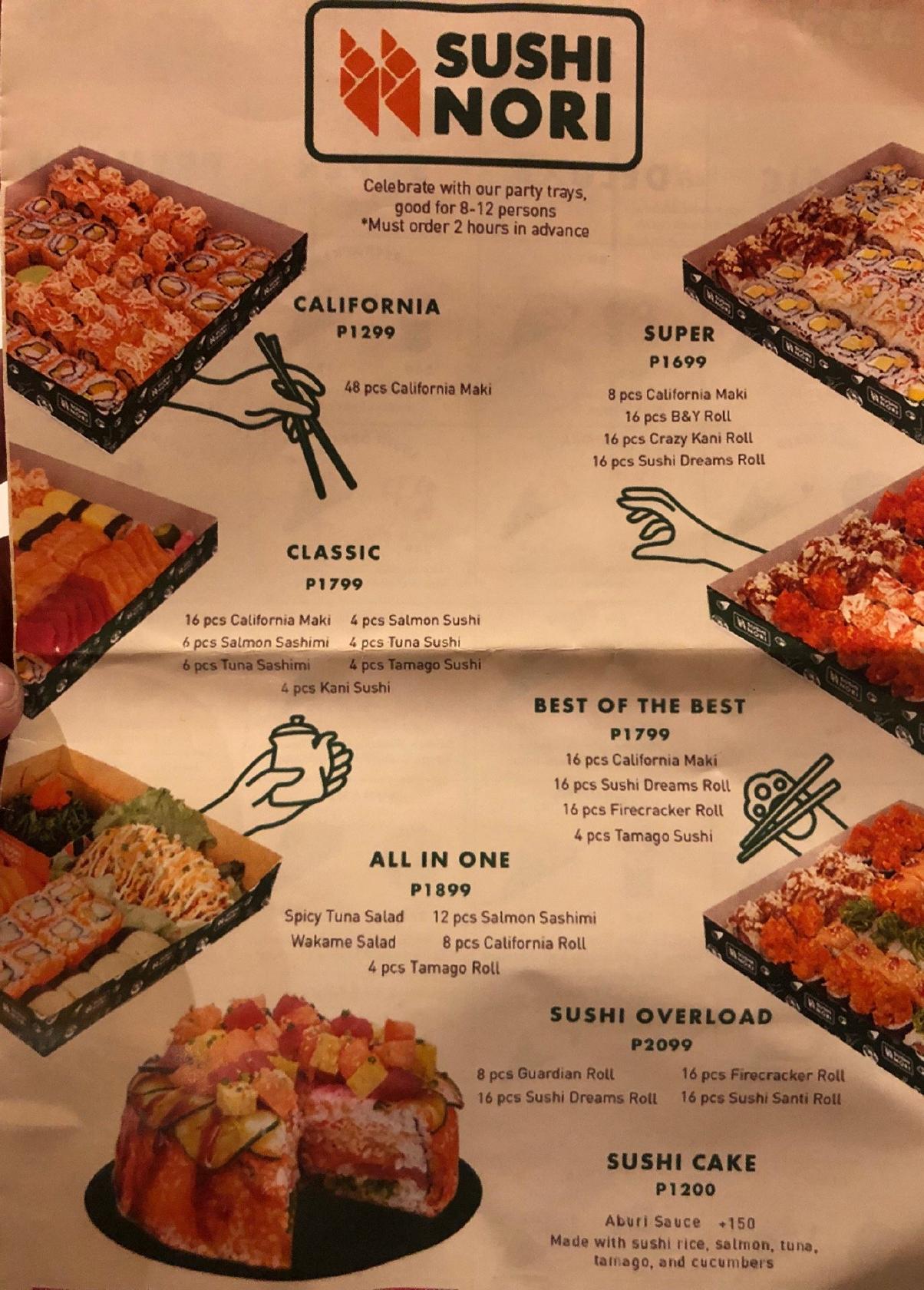 Menu at Sushi Nori restaurant, Pasig, 5F Fashion Hall SM Megamall EDSA