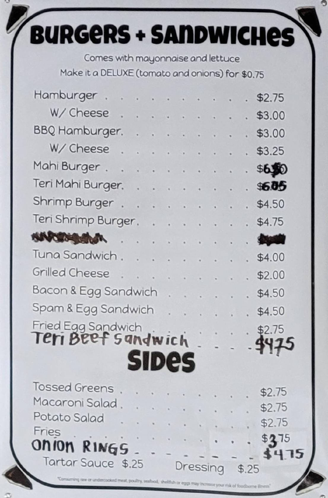 Menu at Tanya's Pies and Grill restaurant, Wahiawa