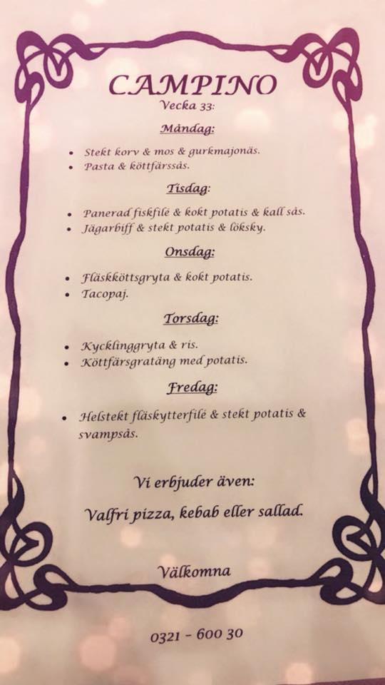 Menu at Campino restaurant, Sweden