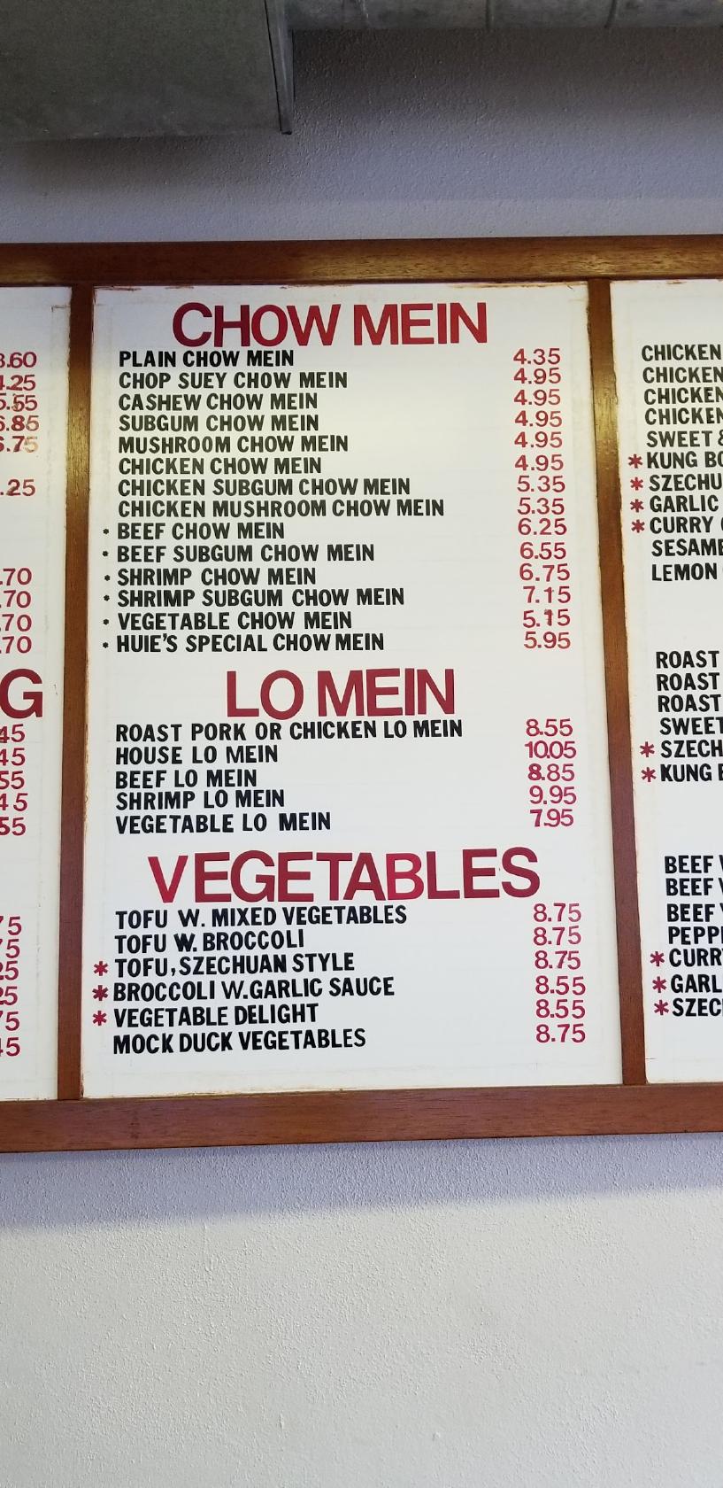 Menu at Huie's Chow Mein restaurant, Minneapolis