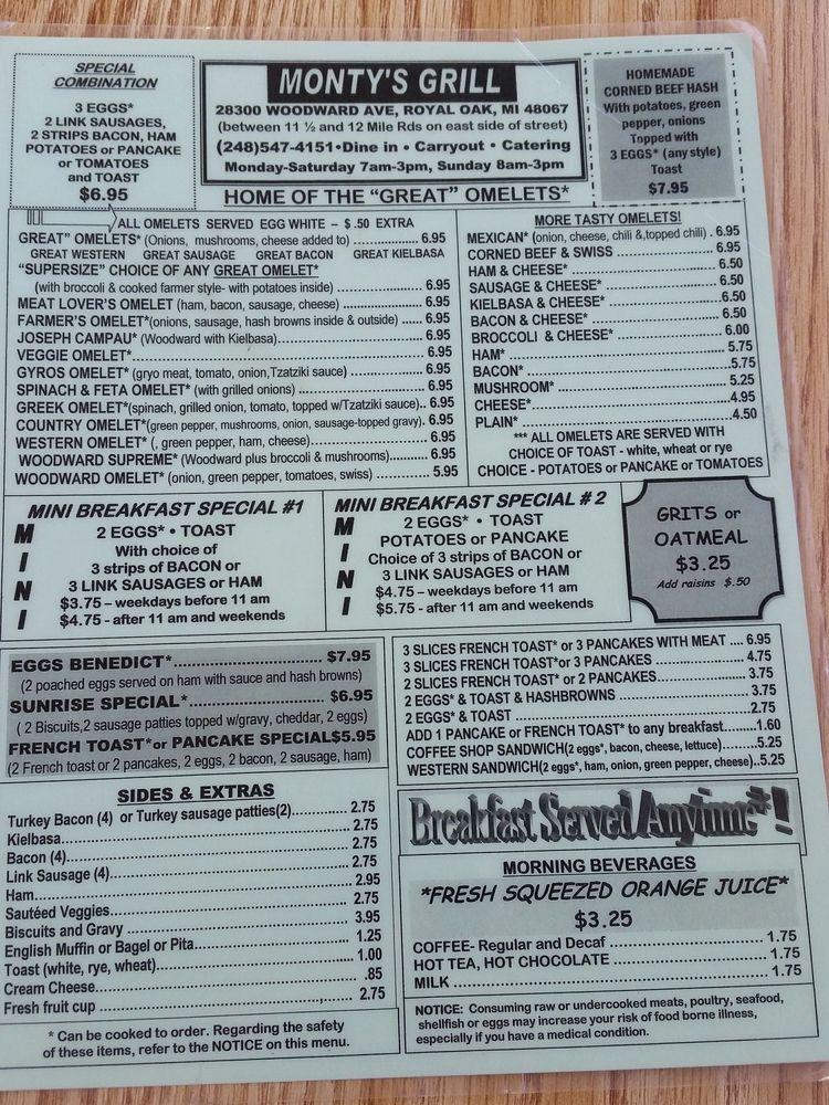 Menu at Monty's Grill restaurant, Royal Oak