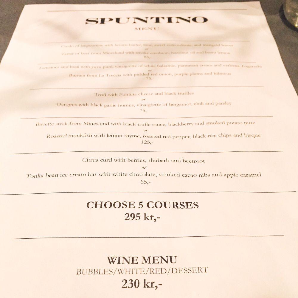 Menu at Restaurant Spuntino, Copenhagen, Vesterbrogade 68