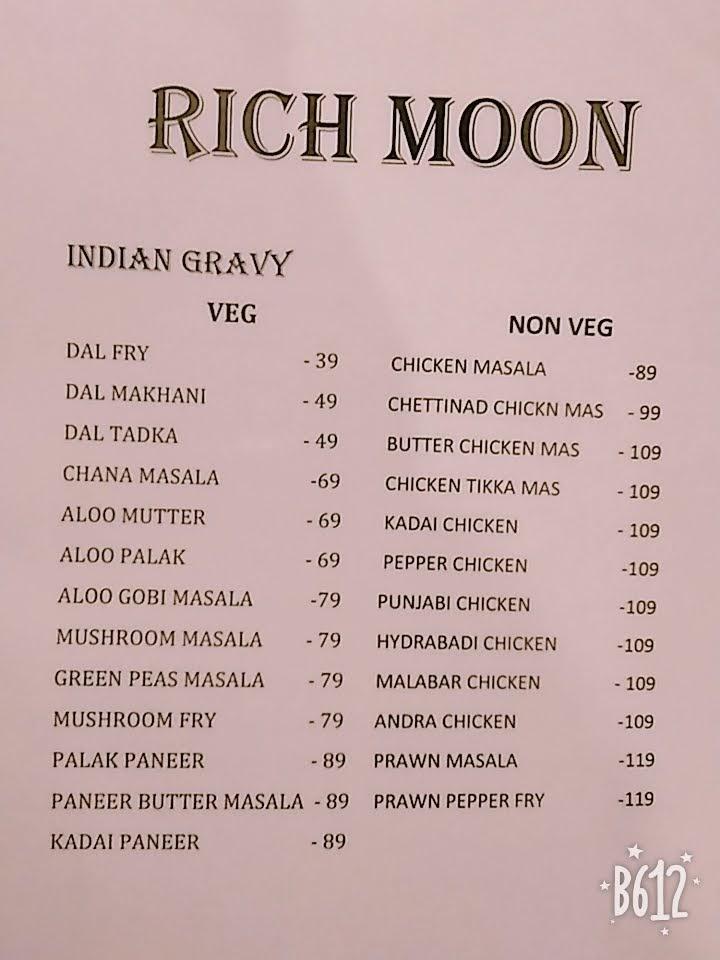 Menu at Rich moon restaurant, Kattankulathur
