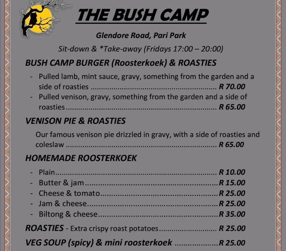 Menu at The Bush Camp restaurant, Port Elizabeth