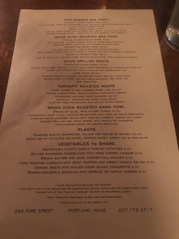 Menu at Fore Street Restaurant, Portland