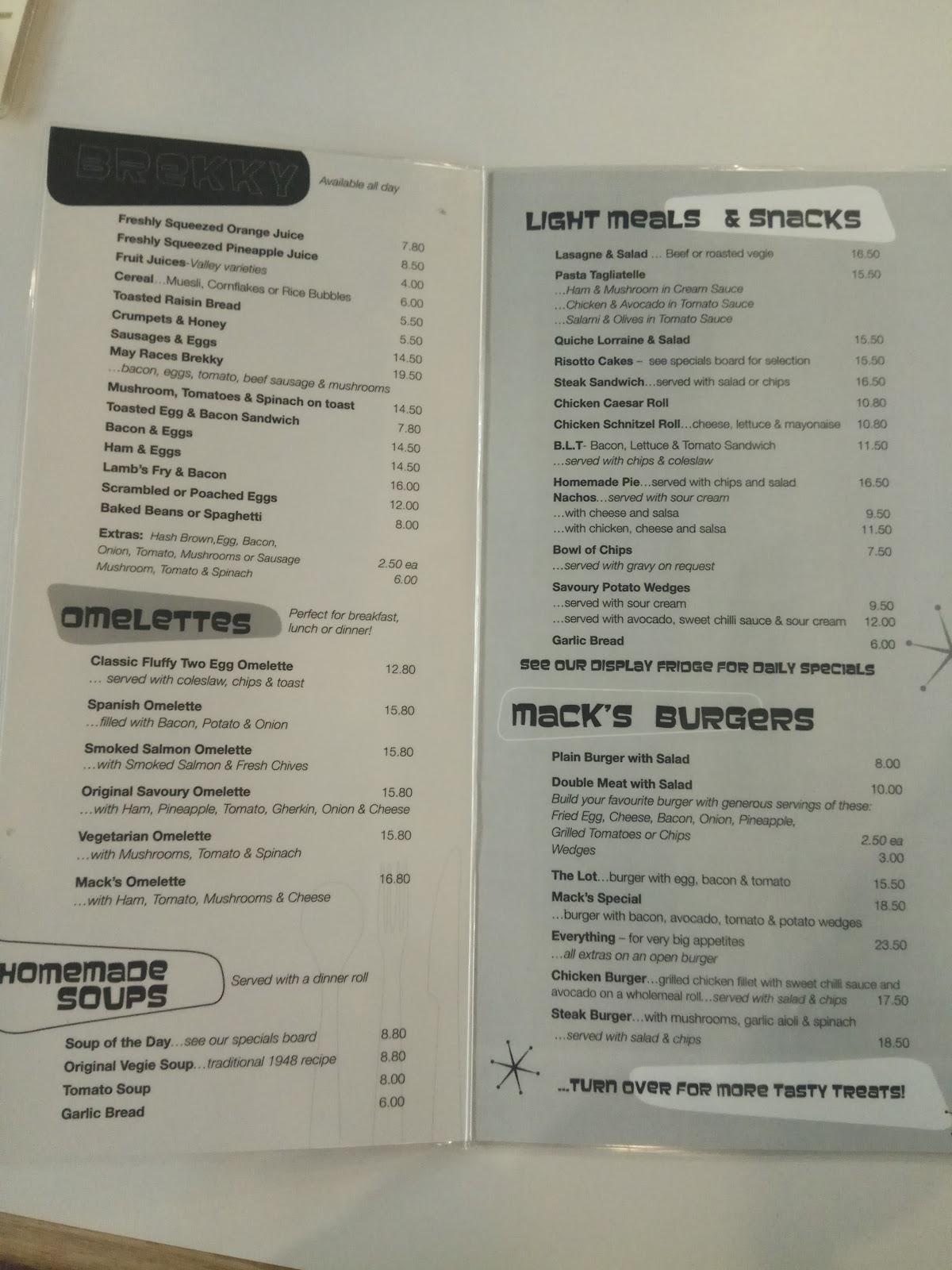 Menu at Macks Snacks restaurant, Warrnambool