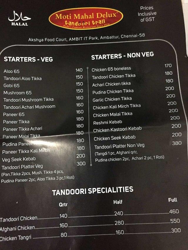 Menu at Moti Mahal Delux, Chennai, Ambit IT Park 32