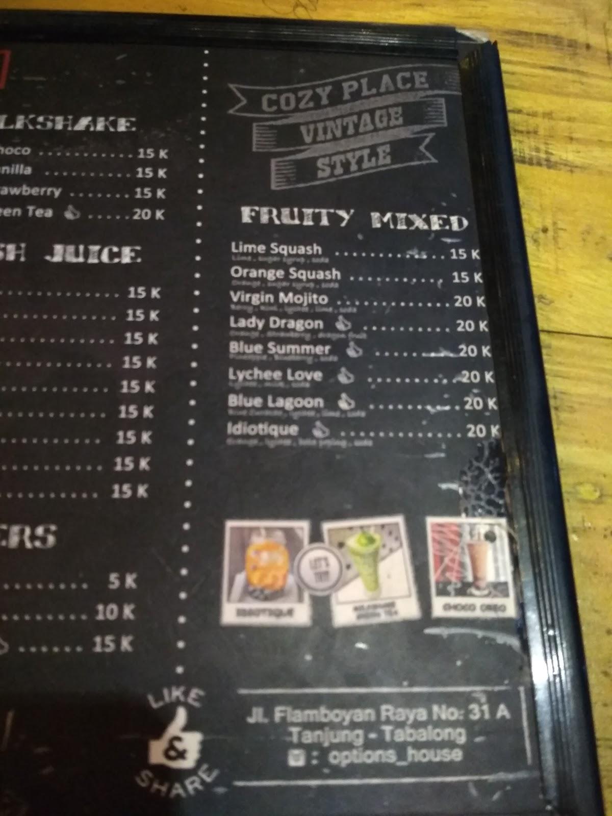 Menu at Option's House cafe, Pembataan