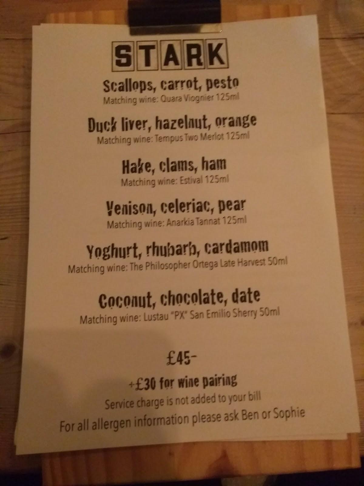 Menu at STARK restaurant, Broadstairs