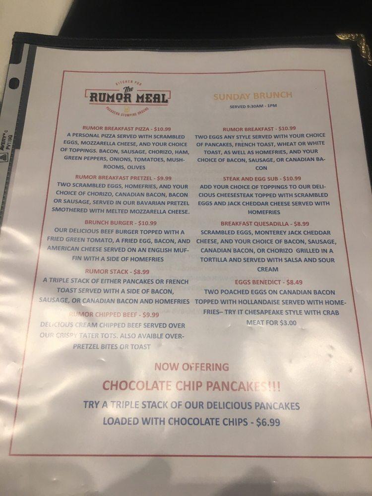 Menu at The Rumor Meal pub & bar, Lake Shore