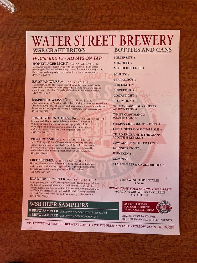 Menu at Water Street Brewery pub & bar, Delafield