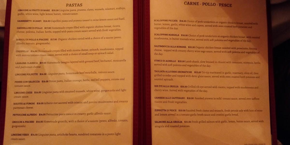 Menu at Alloro Cucina Italiana restaurant, Grass Valley