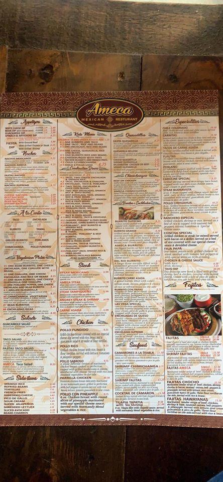 Menu at Ameca restaurant, Wynne