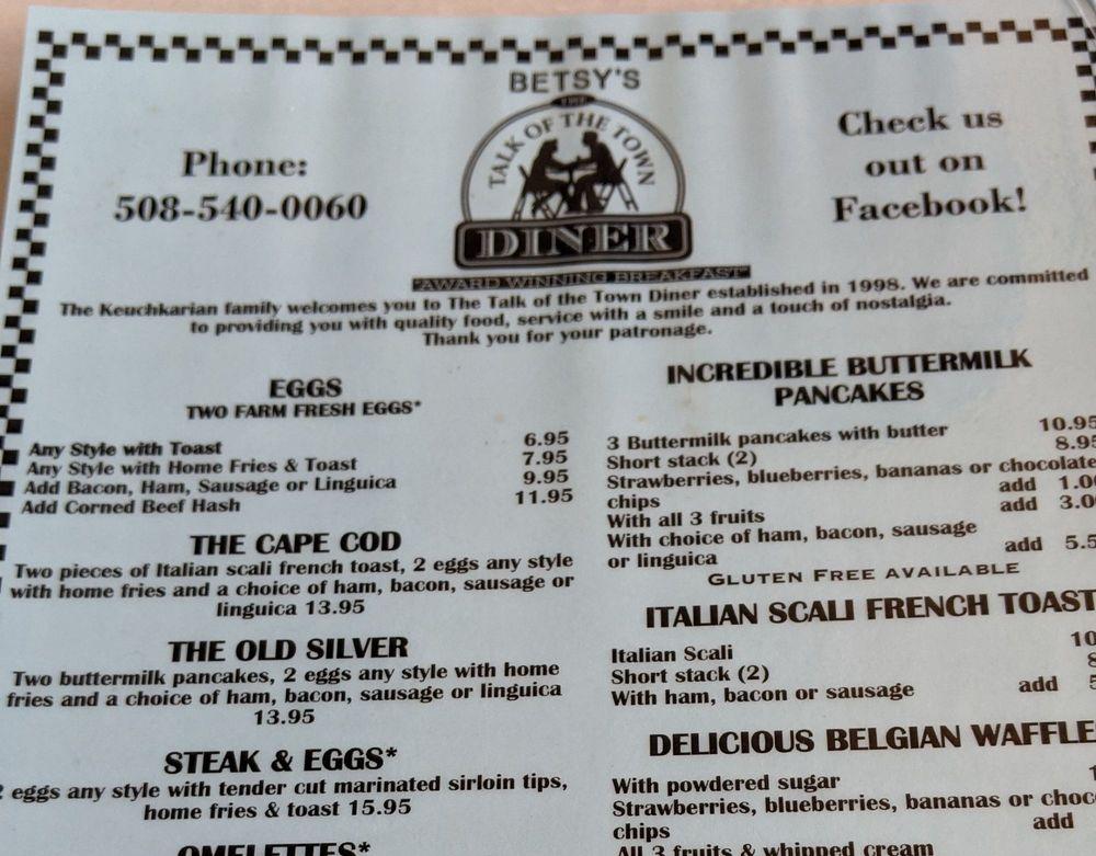 Menu at Betsy's Diner restaurant, Falmouth