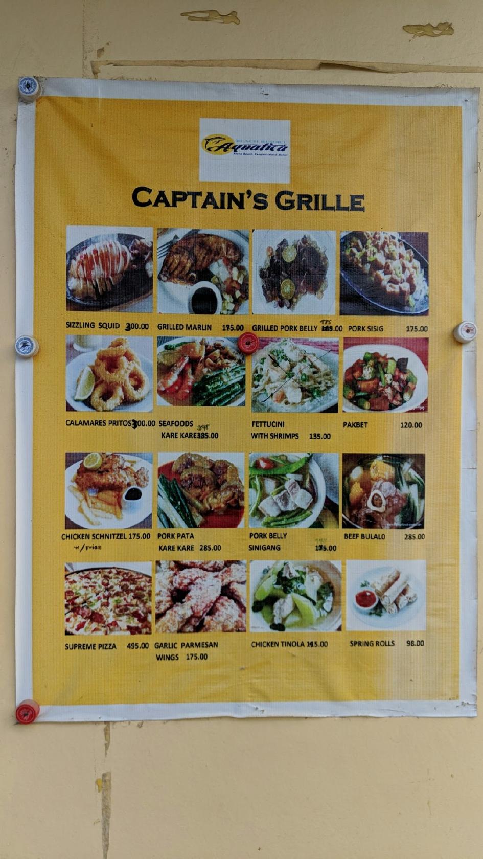 Menu at Captain's Grille restaurant, Panglao