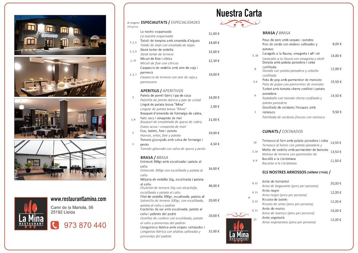 Carta de Restaurante La Mina, Lérida