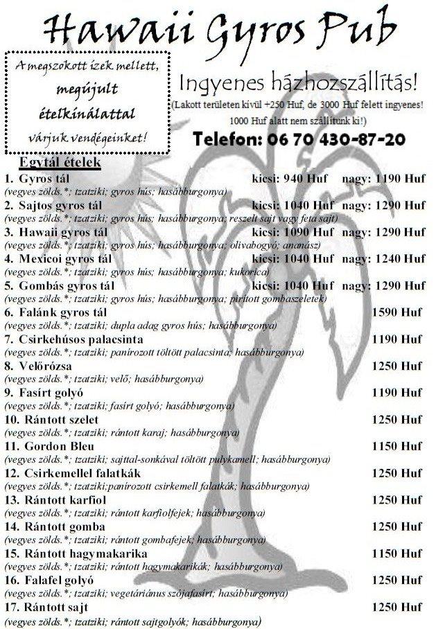 Menu at Hawaii Gyros Pub, Tiszakécske