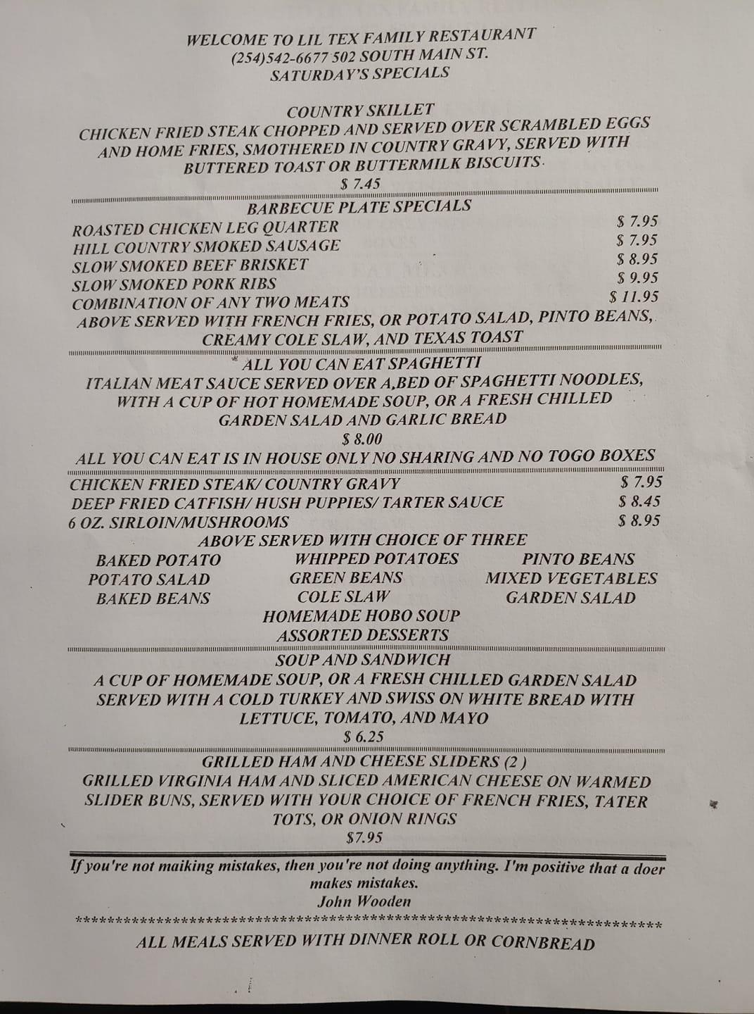 Menu at Lil-Tex Restaurant, Copperas Cove
