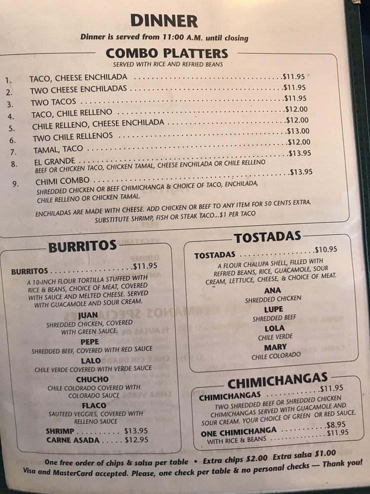 Menu at Los Dos Hermanos restaurant, Sierraville, 101 Battelle St