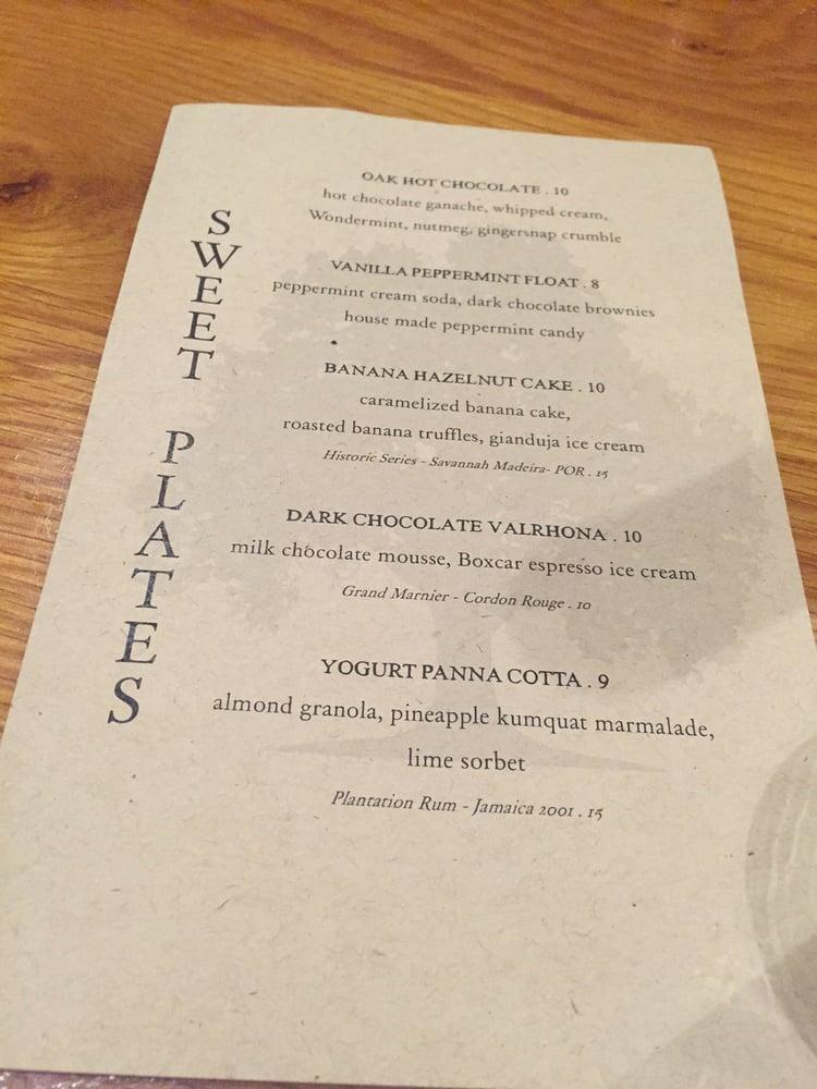 Menu at Oak restaurant, Boulder