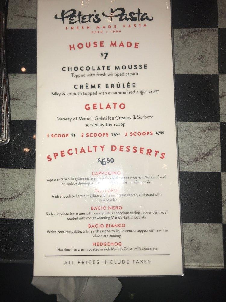 Menu at Peter's Pasta restaurant, Kamloops