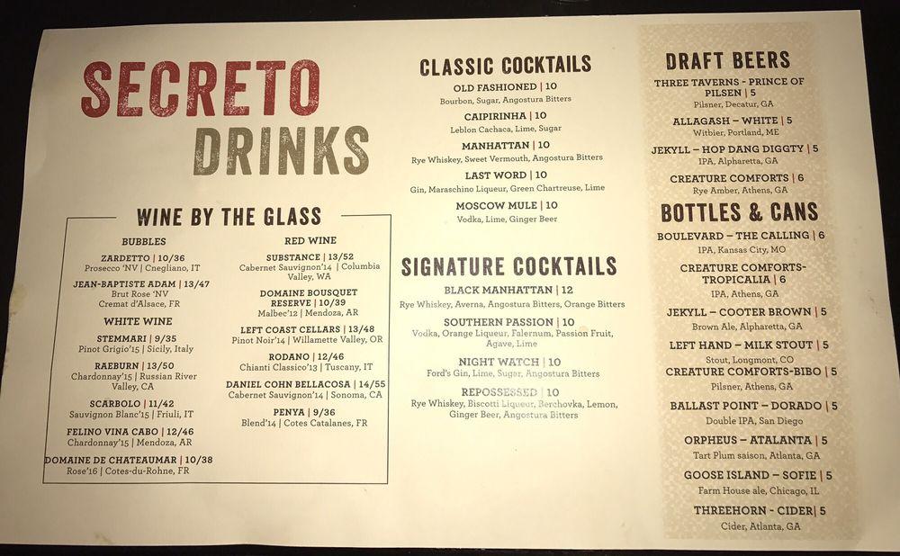 Menu at Secreto Southern Kitchen pub & bar, Alpharetta